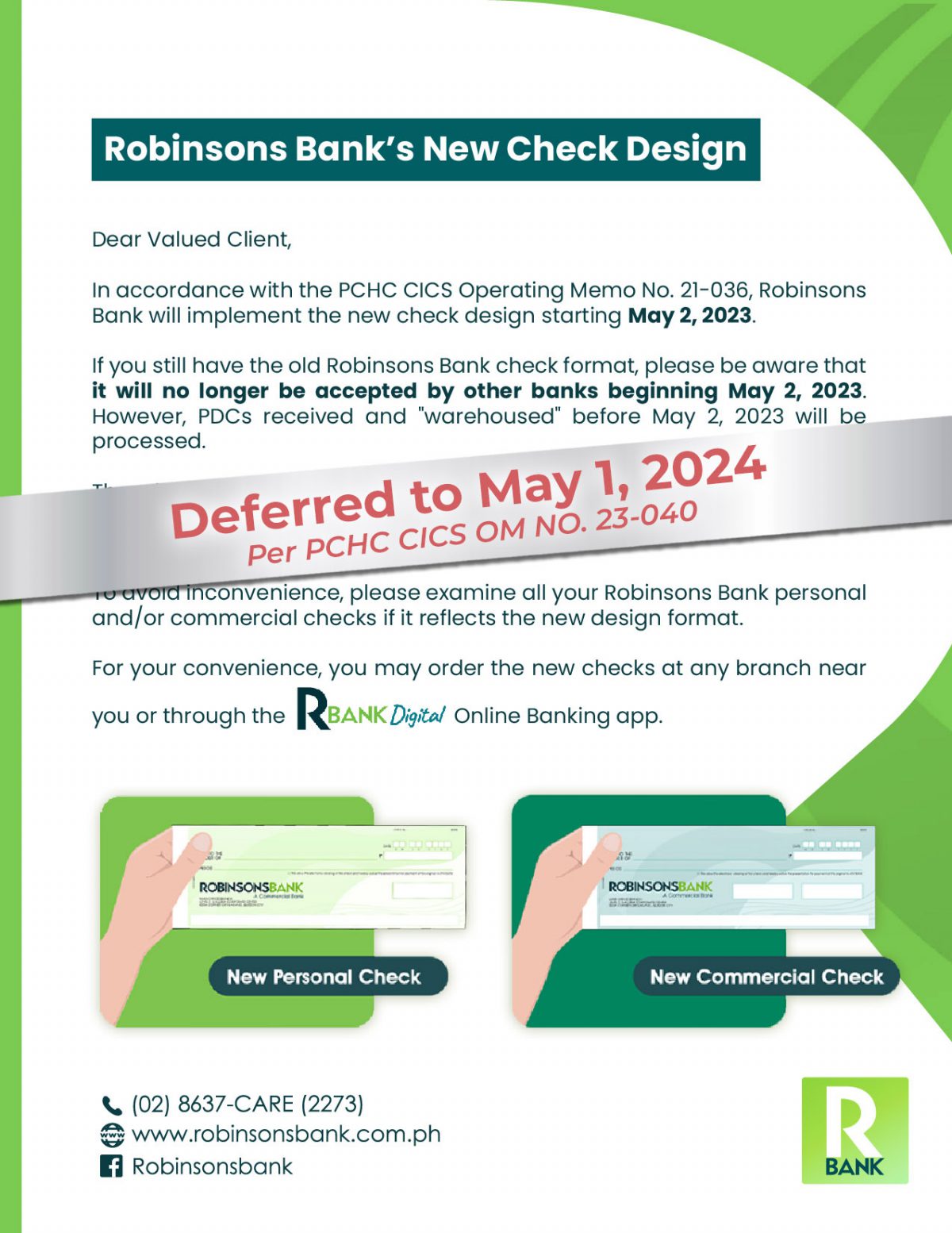 DEFERRED to May 1, 2024: New check design implementation | Robinsons Bank