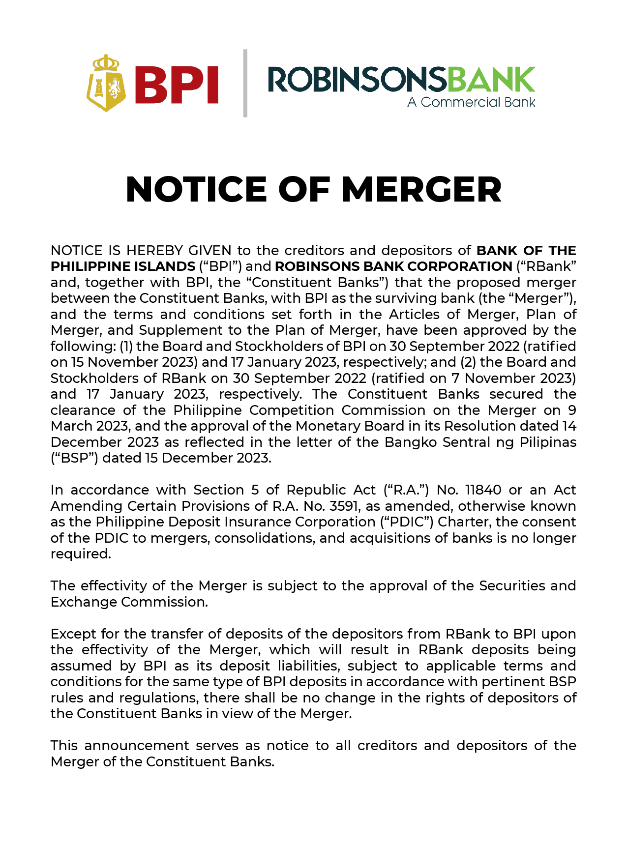 Notice of Merger as of December 19, 2023 | Robinsons Bank